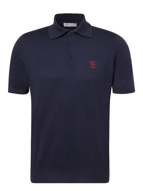 Brunello Cucinelli Embroidered Cotton Pique Polo Shirt - Blue