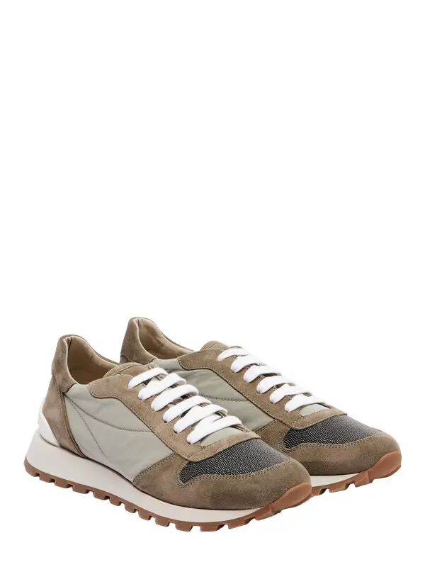 Brunello Cucinelli Monili Suede And Fabric Lace-up Sneakers - Green