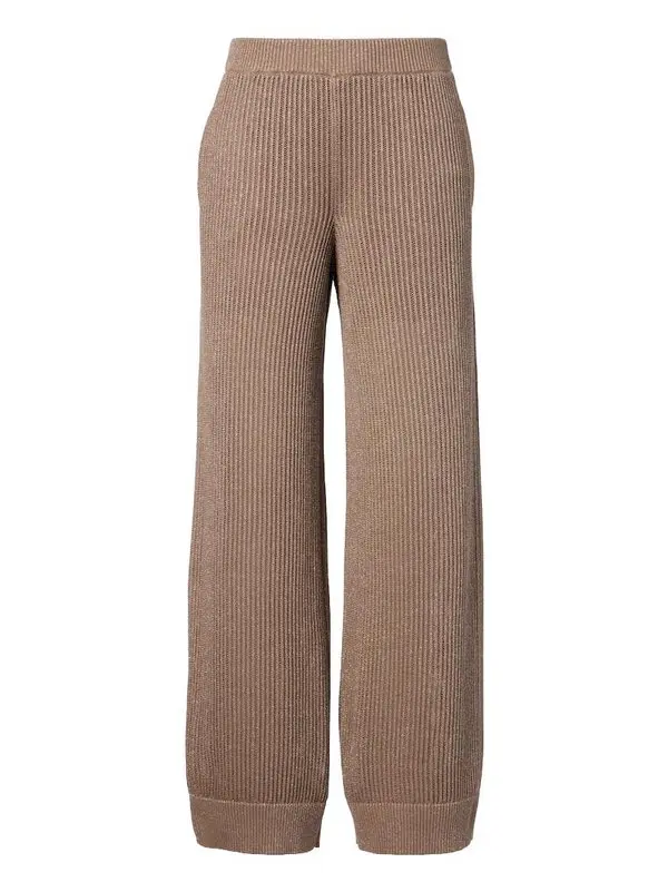 Brunello Cucinelli Ribbed-knit Cotton-blend Wide-leg Pants - Brown