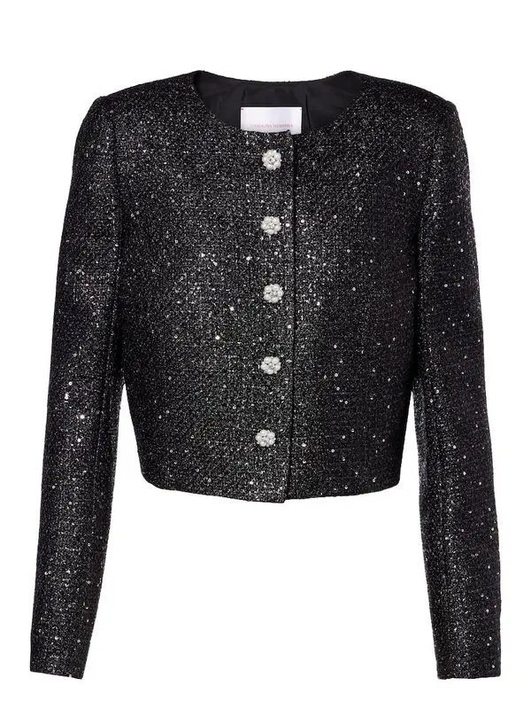 Carolina Herrera Sequined Cropped Lame Tweed Jacket - Black