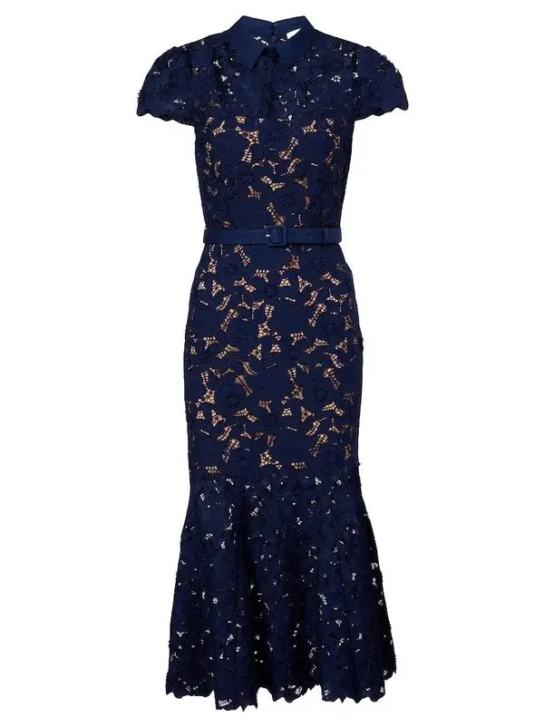 SELF-PORTRAIT Belted Lace Midi Dress - Blue
