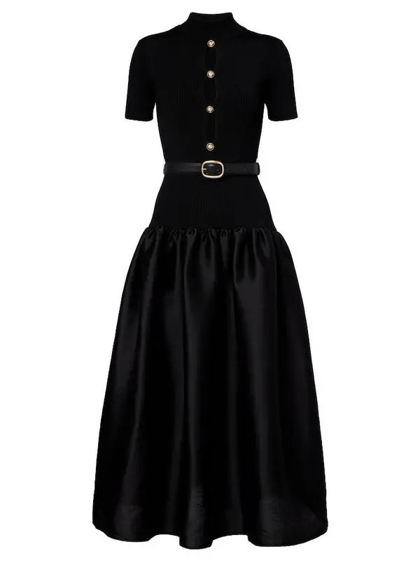SELF-PORTRAIT Belted Keyhole Taffeta Midi Dress - Black