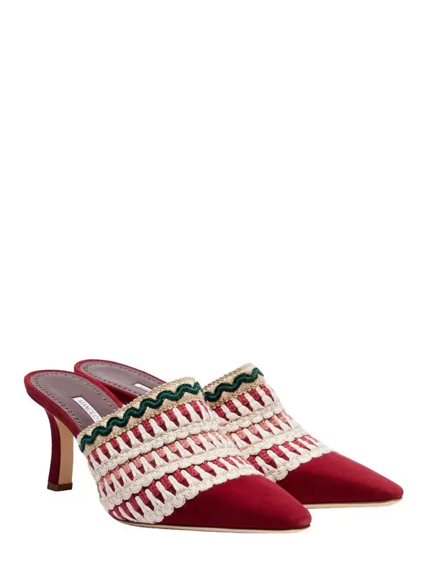 Manolo Blahnik Embroidered Suede Mules - Red