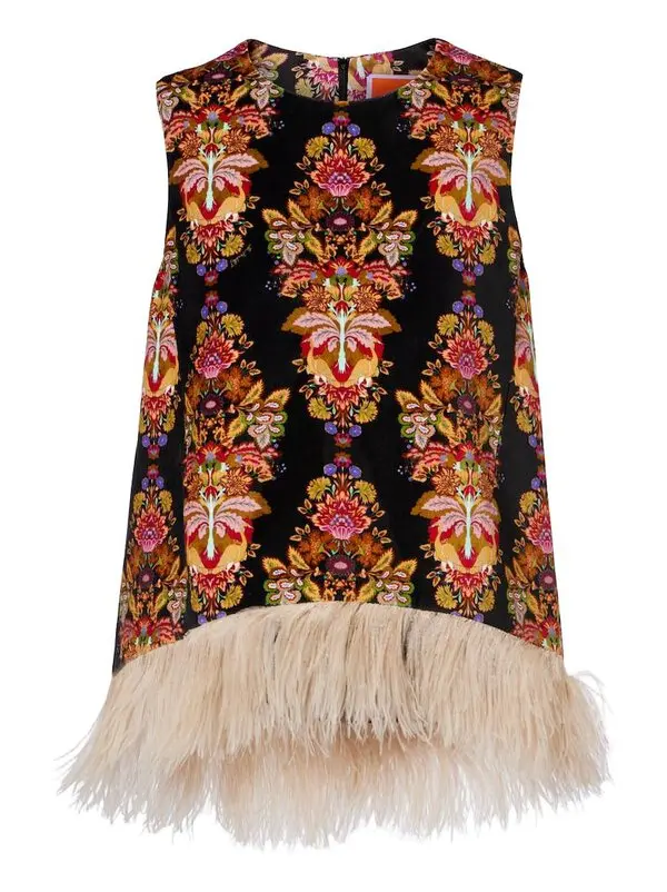 La DoubleJ La Scala' Feather-trimmed Printed Cotton Top - Multicoloured