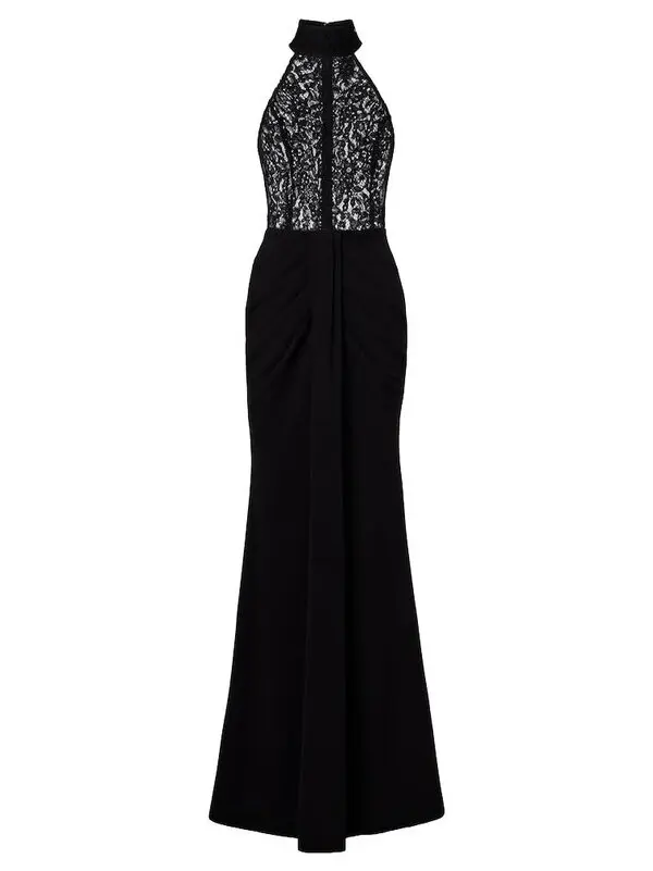 Rebecca Vallance Dixie Draped Halterneck Lace And Taffeta Gown - Black