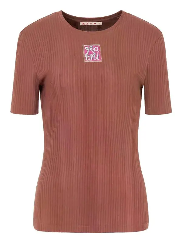 Marni Ribbed Embroidered Logo T-shirt - Brown