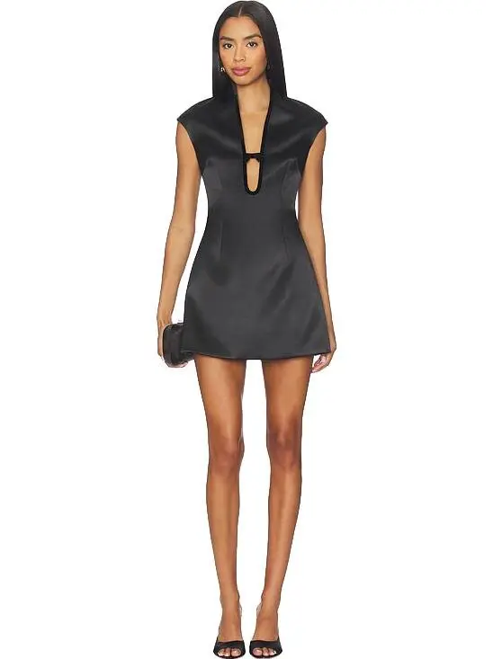 SAU LEE Leah Satin Dress With Velvet Trim - Black