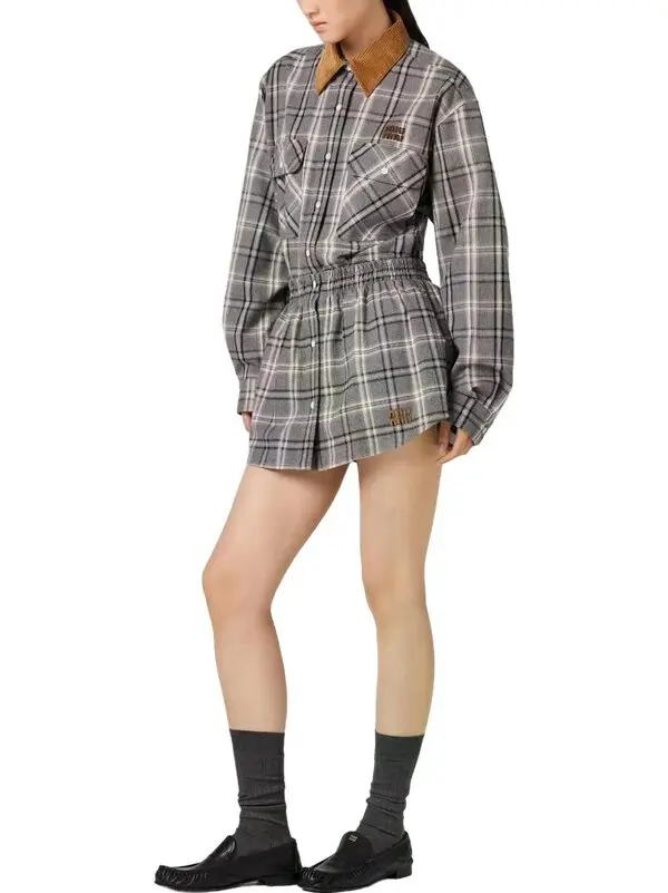 Miu Miu Corduroy Collar Checked Flannel Shirt - Grey