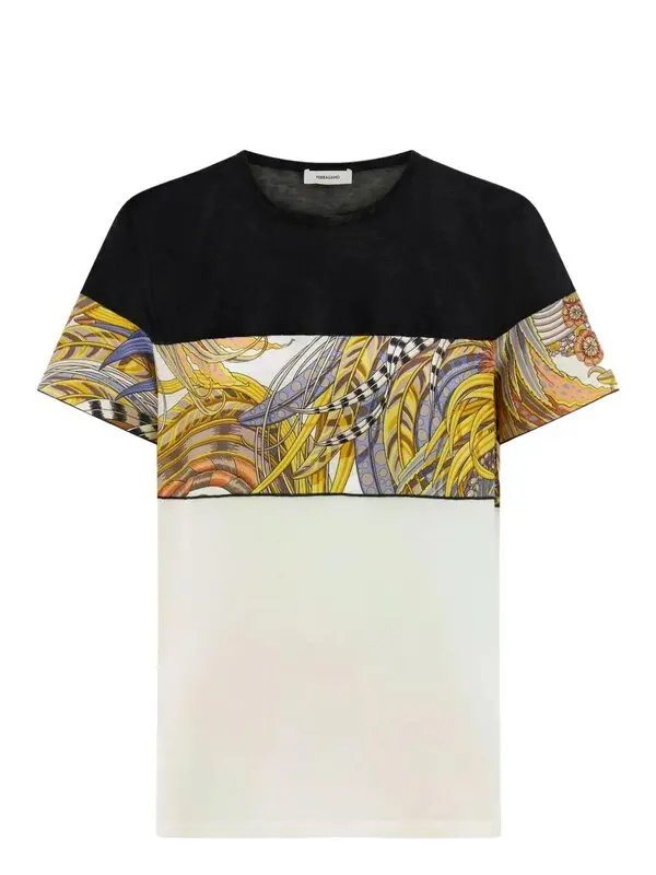 FERRAGAMO Silk Print Crewneck T-shirt With Semi-transparent Panelling - White