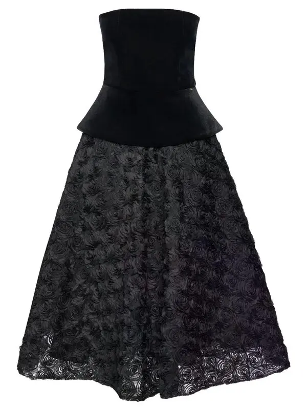NISSA Velvet Midi Dress With Petal Layering - Black