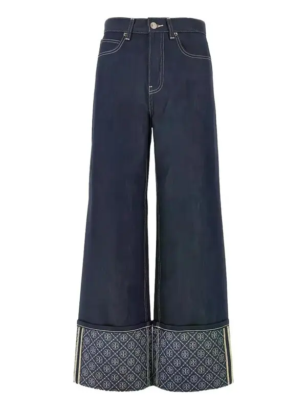 Tory Burch T Monogram Contrast Cuff Straight Leg Jeans - Blue