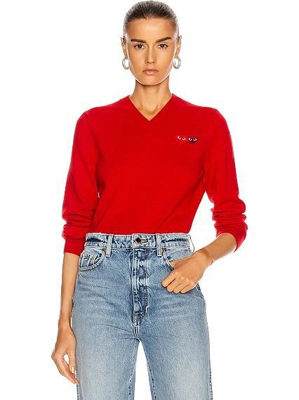 Play Comme Des Garcon Double Emblem V Neck Sweater - Red
