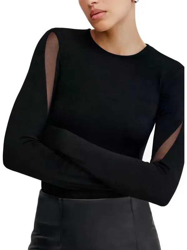 MARCELLA Long Sleeve Crewneck Top With Sheer Paneling - Black