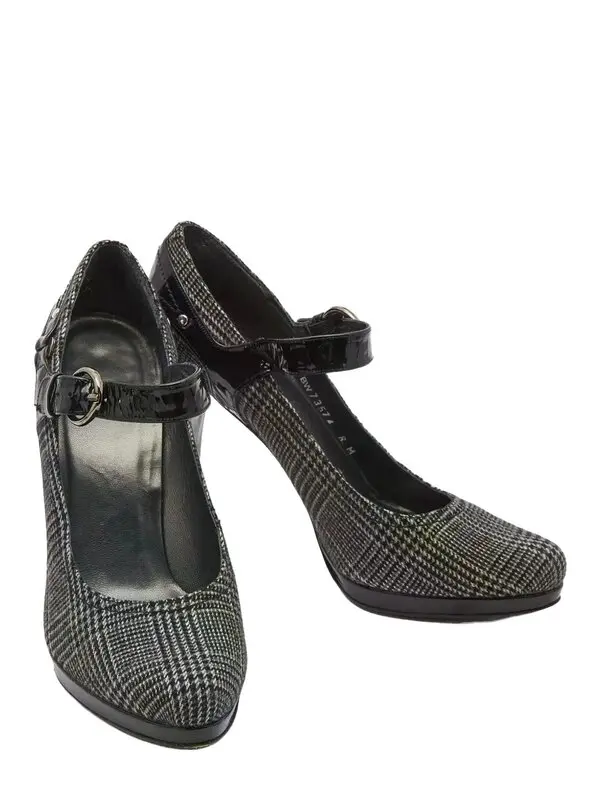 STUART WEITZMAN Patent And Grey Tweed Pointed Toe Buckled Pumps - Black