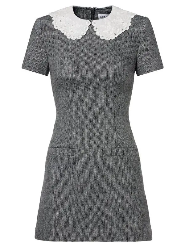 SELF-PORTRAIT Herringbone Wool-blend Minidress With Embroidered Collar - Grey