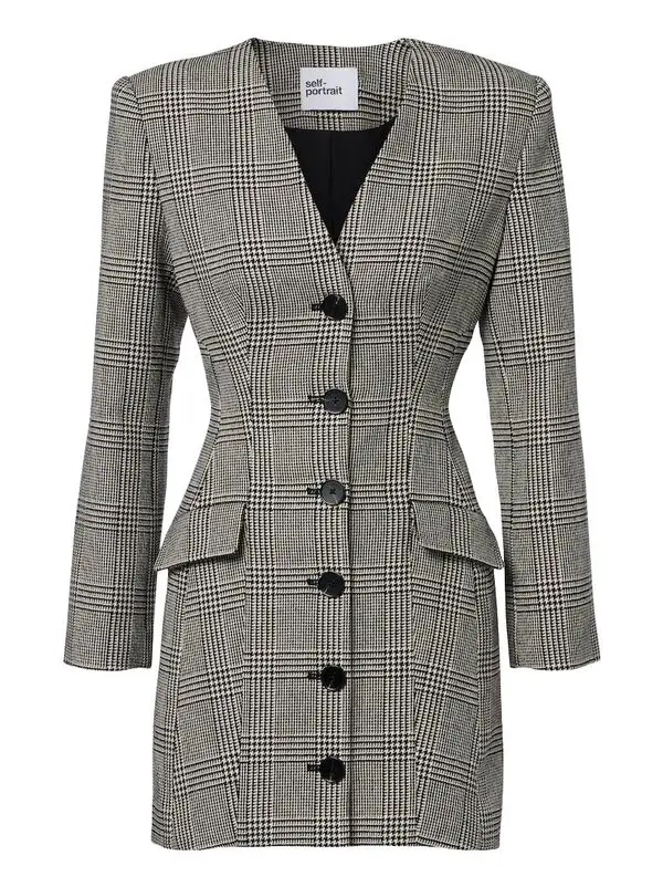 SELF-PORTRAIT Checked Wool-blend Minidress - Black