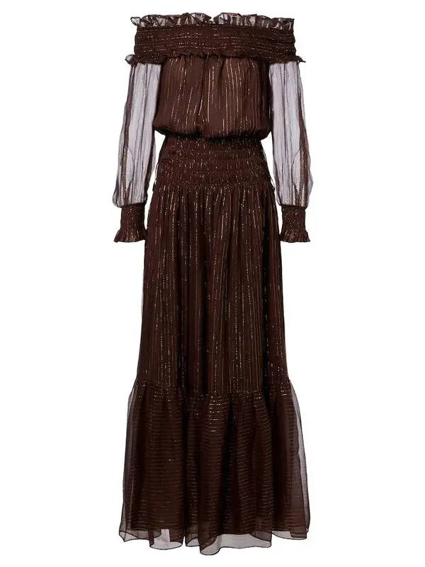 SELF-PORTRAIT Shirred Silk-blend Georgette Maxi Dress - Brown