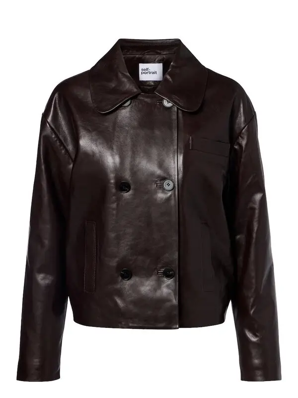 SELF-PORTRAIT Cropped Double-breasted Leather Jacket - Brown
