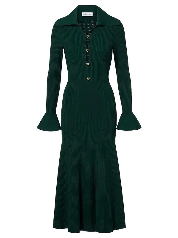 SELF-PORTRAIT Ribbed-knit Midi Dress - Green
