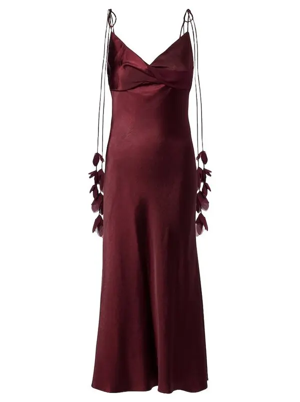 SELF-PORTRAIT Floral-appliqué Satin Slip Dress - Burgundy