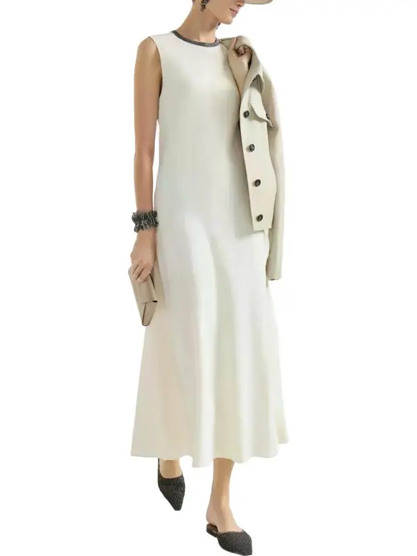 Brunello Cucinelli Sleeveless Midi Dress With Contrasting Trim - Neutrals