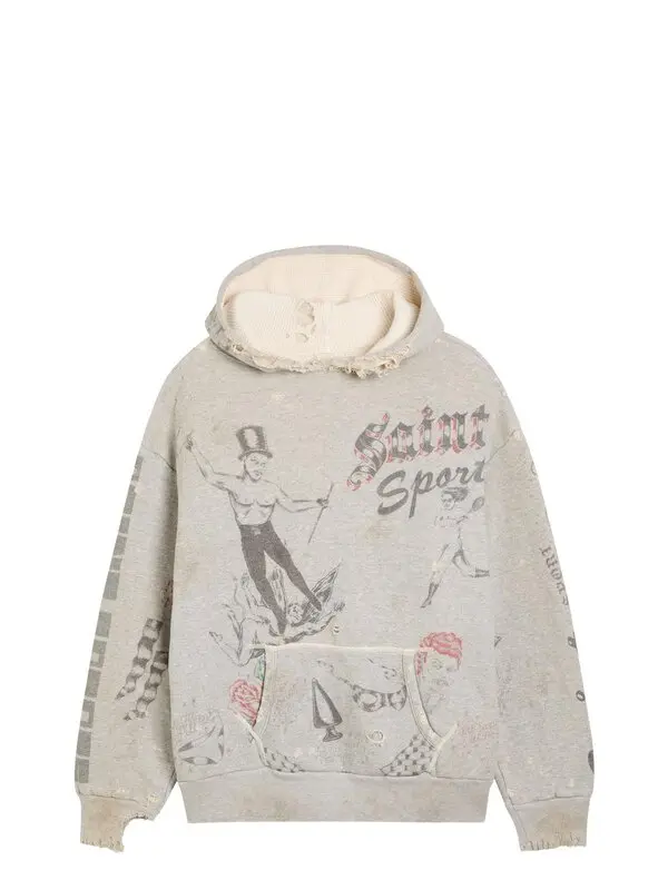 SAINT MXXXXXX X Alexis Drawing Distressed Hooded Cotton Sweatshirt - Grey