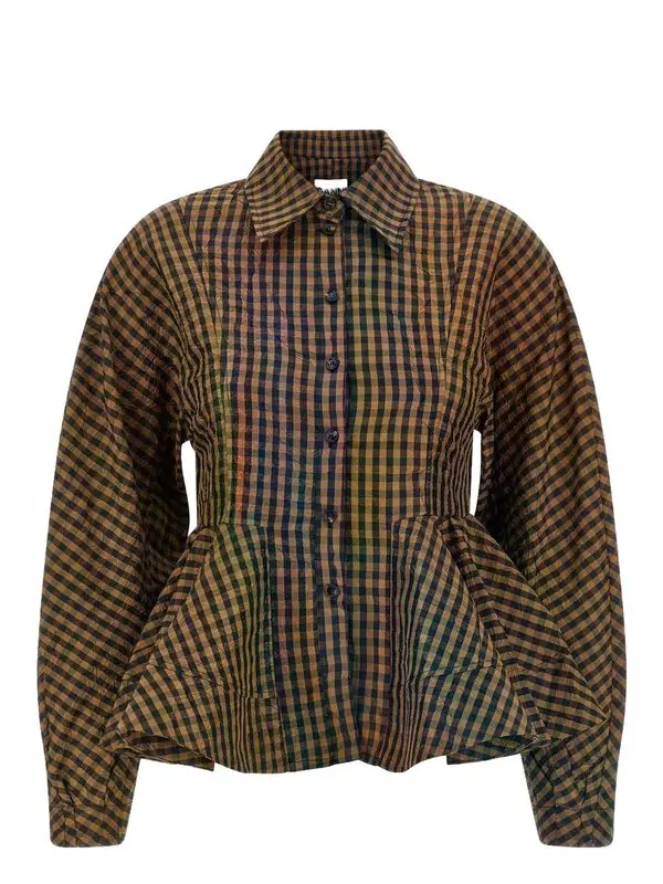 GANNI Crinkled Check Print Peplum Shirt - Neutrals