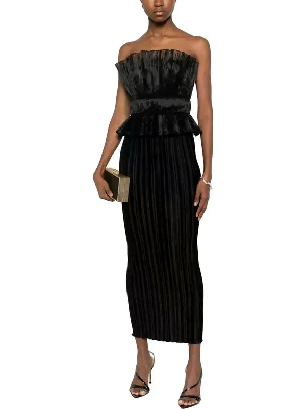 L'IDEE Pleated Ruffled Strapless Midi Dress - Black