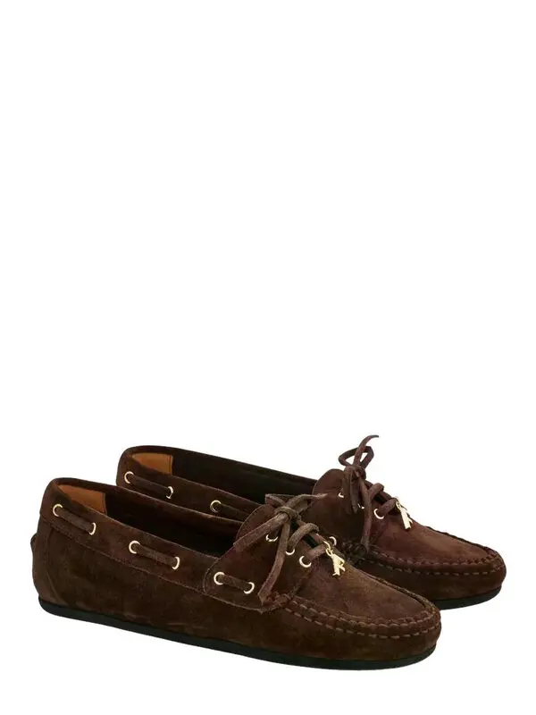 FERRAGAMO Leather Boat Shoes With Gold Tone F Charm - Brown