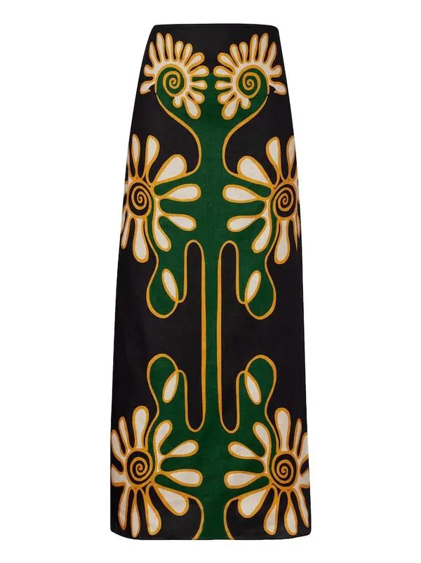CALA DE LA CRUZ Celina Printed Linen Midi Skirt - Multicoloured