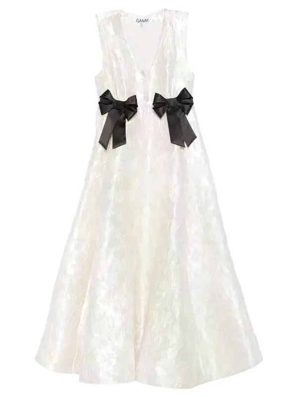 GANNI Satin Cloqué Midi Dress With Removable Bows - Neutrals