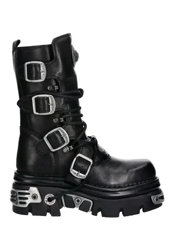 NEW ROCK 70mm Platform Leather Boots With Buckle And Lace-up Detail - Black