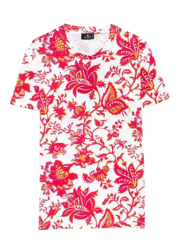 Etro Floral Print Round Neck Short Sleeve T-shirt - White