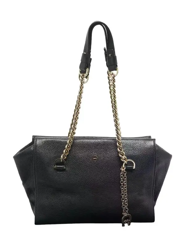 AIGNER Charm Chain Leather Tote Bag - Black