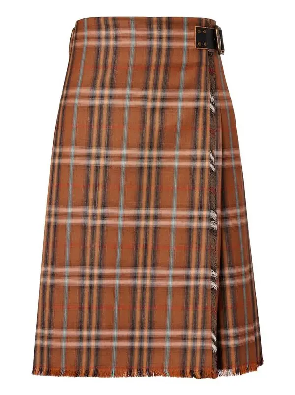 Burberry Check Wool Midi Skirt With Buckled Fastening - Brown