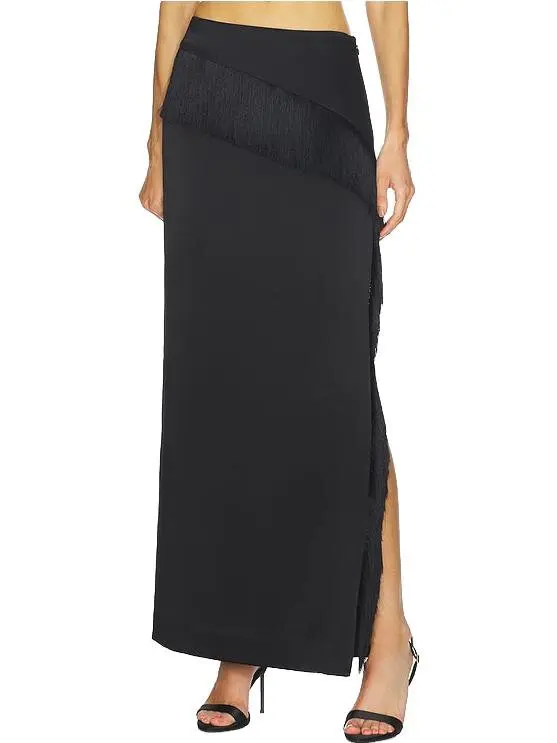 SRG Sandra Silk Maxi Skirt With Fringe Detail - Black