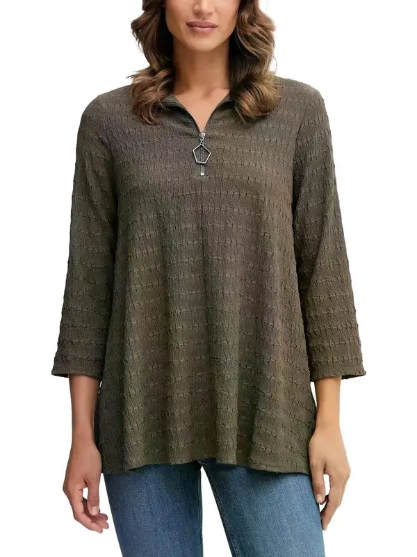 Joseph Ribkoff Zip Textured Top With Stand-up Collar - Brown