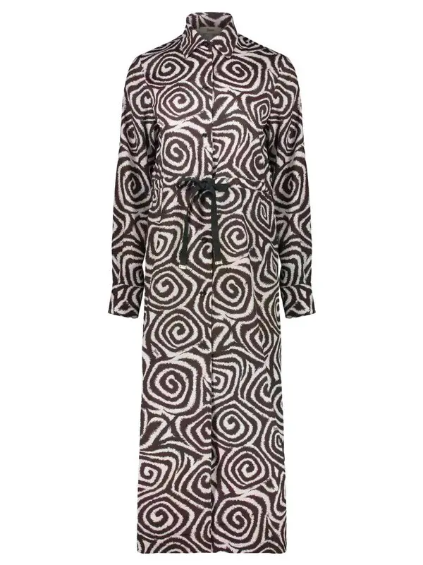 Herno High-collar Belted Dress With All-over Pattern - Brown