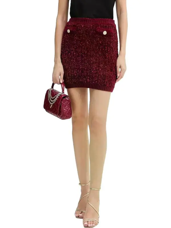 Guess Textured Knit Mini Skirt With Faux-fur Trim And Button Embellishment - Red