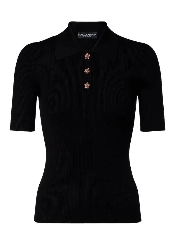 Dolce & Gabbana Embellished Ribbed-knit Polo Shirt - Black