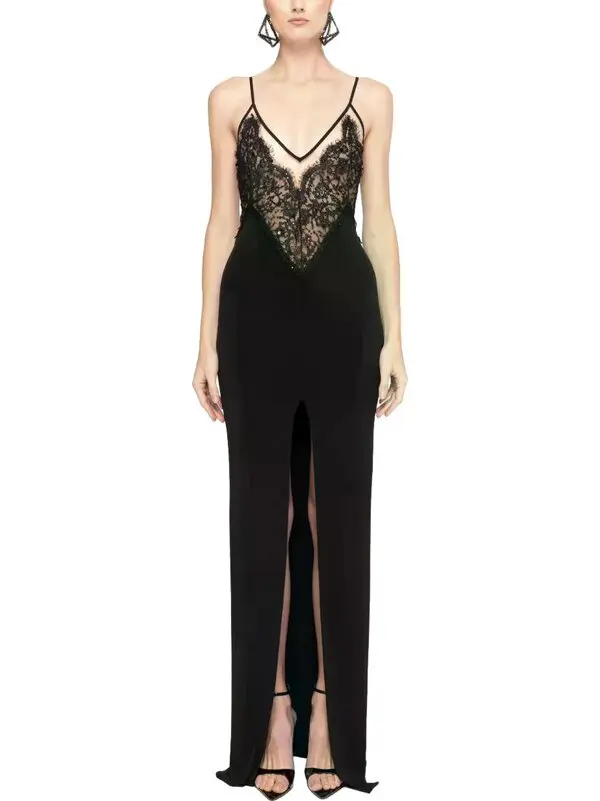 NISSA Lace Panel Maxi Dress With V-neck And Slit Hem - Black