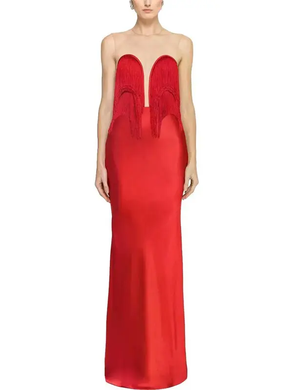 NISSA Fringe Satin Maxi Dress - Red