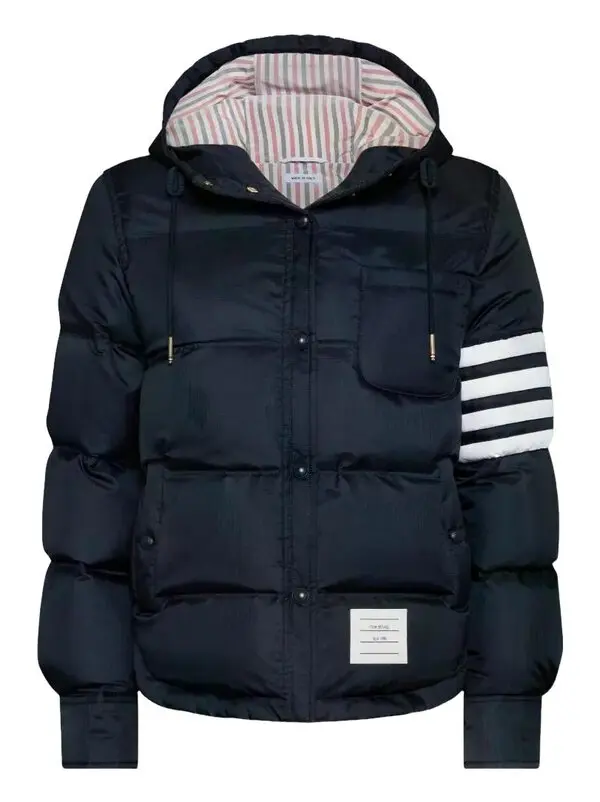 Thom Browne Down Hooded Jacket With Four-bar Detail - Blue