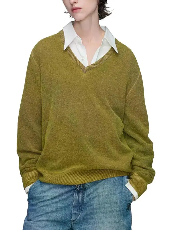 MAISON MARGIELA V-neck Fine Knit Virgin Wool Sweater - Green