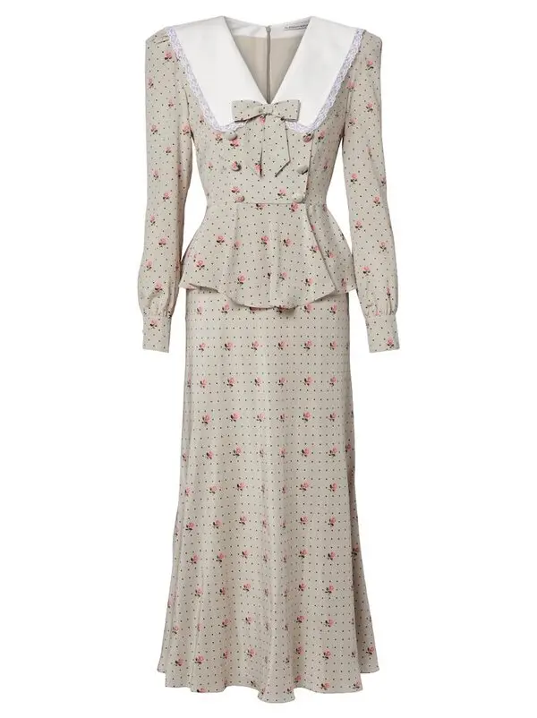 Alessandra Rich Floral Polka-dot Silk Midi Dress - Grey