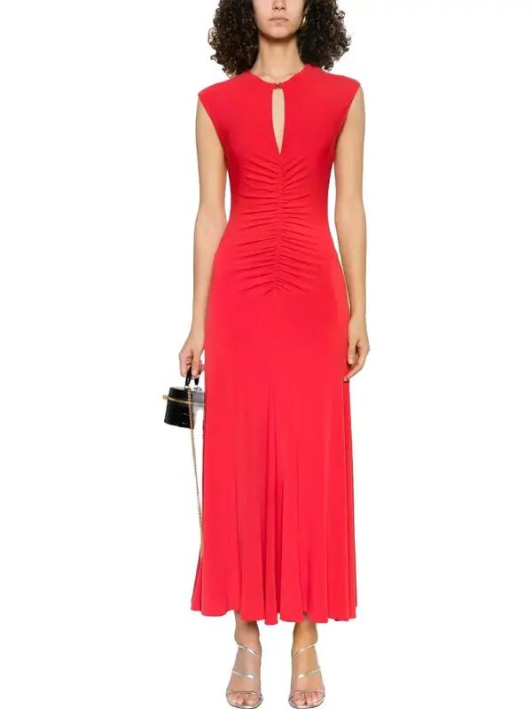 NISSA Sleeveless V-neck Ruched Maxi Dress - Red