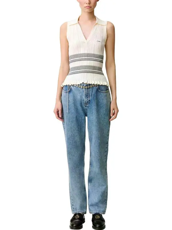 Claudie Pierlot Sleeveless V-neck Polo Top With Ruffle Detail - Neutrals