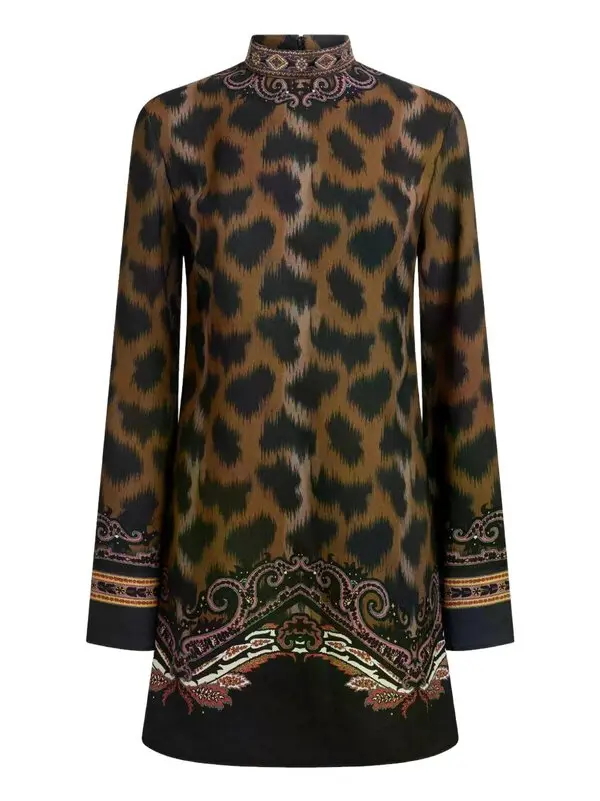 Etro Mini Tunic Dress In Envers Satin With Animal Motif - Brown