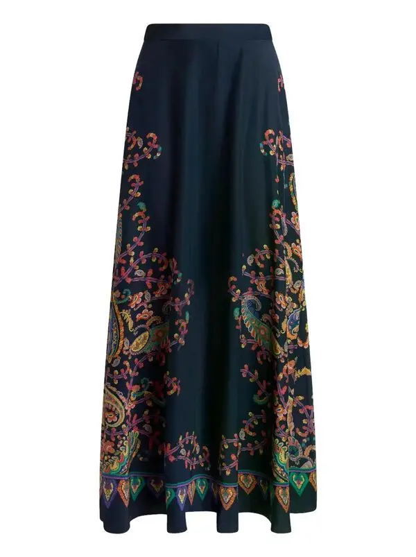 Etro Silk Maxi Skirt With Placed Floral Paisley Print - Blue