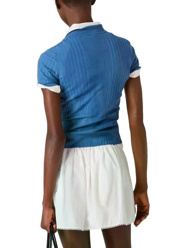 Miu Miu Ribbed Knit Logo Plaque Polo Top - Blue